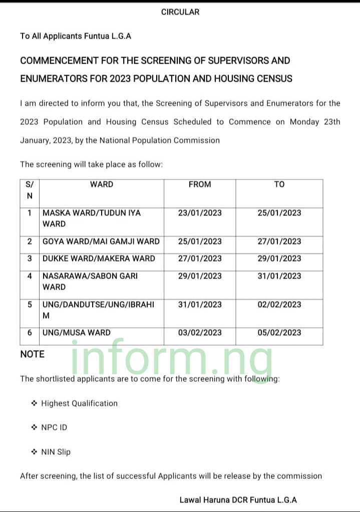 NPC Starts Screening Of Enumerators and Supervisors