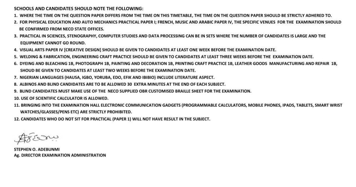 NECO Timetable 2023 June/July SSCE (Internal) PDF Download